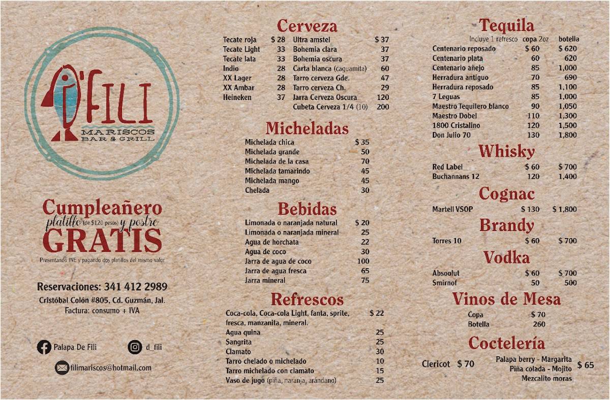 Carta del restaurante D'Fili, Ciudad Guzmán