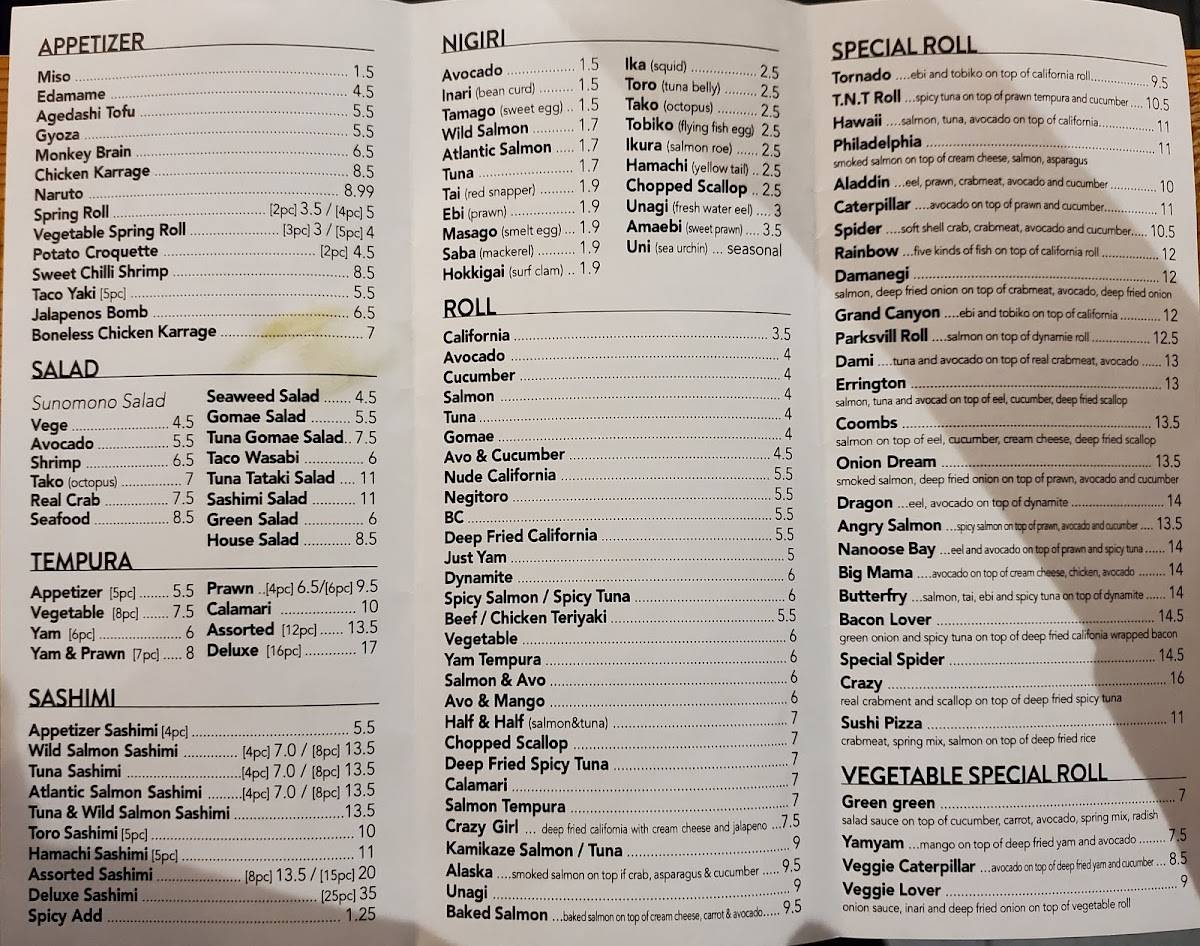 Menu at Dami Sushi restaurant, Nanaimo, 10-4890 Rutherford Rd