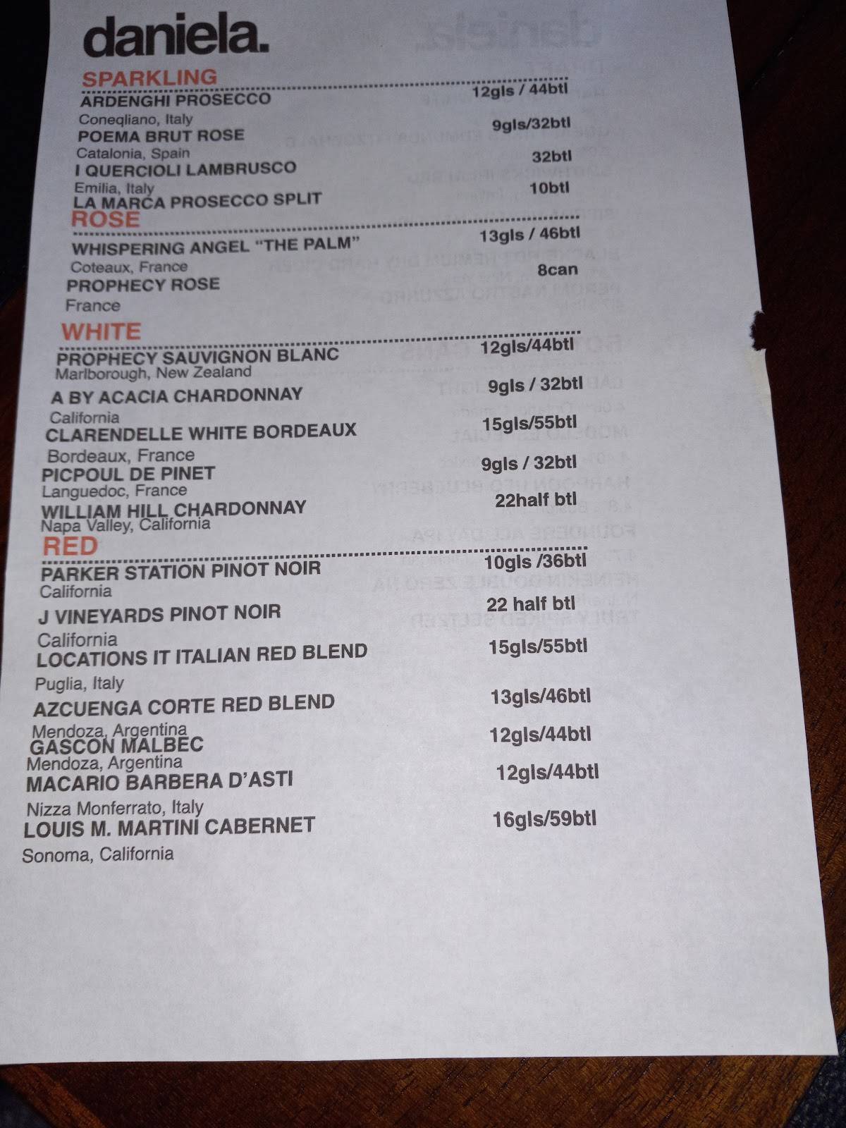 Menu at Daniela pub & bar, Buffalo
