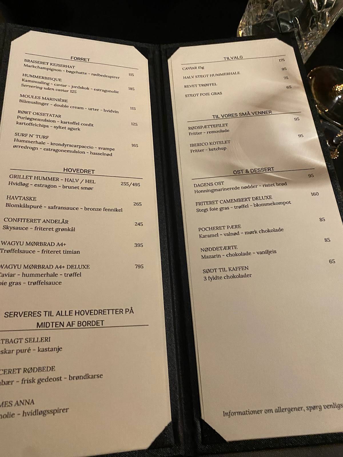 Menu at Darling restaurant, Copenhagen, Ved Stranden 18C