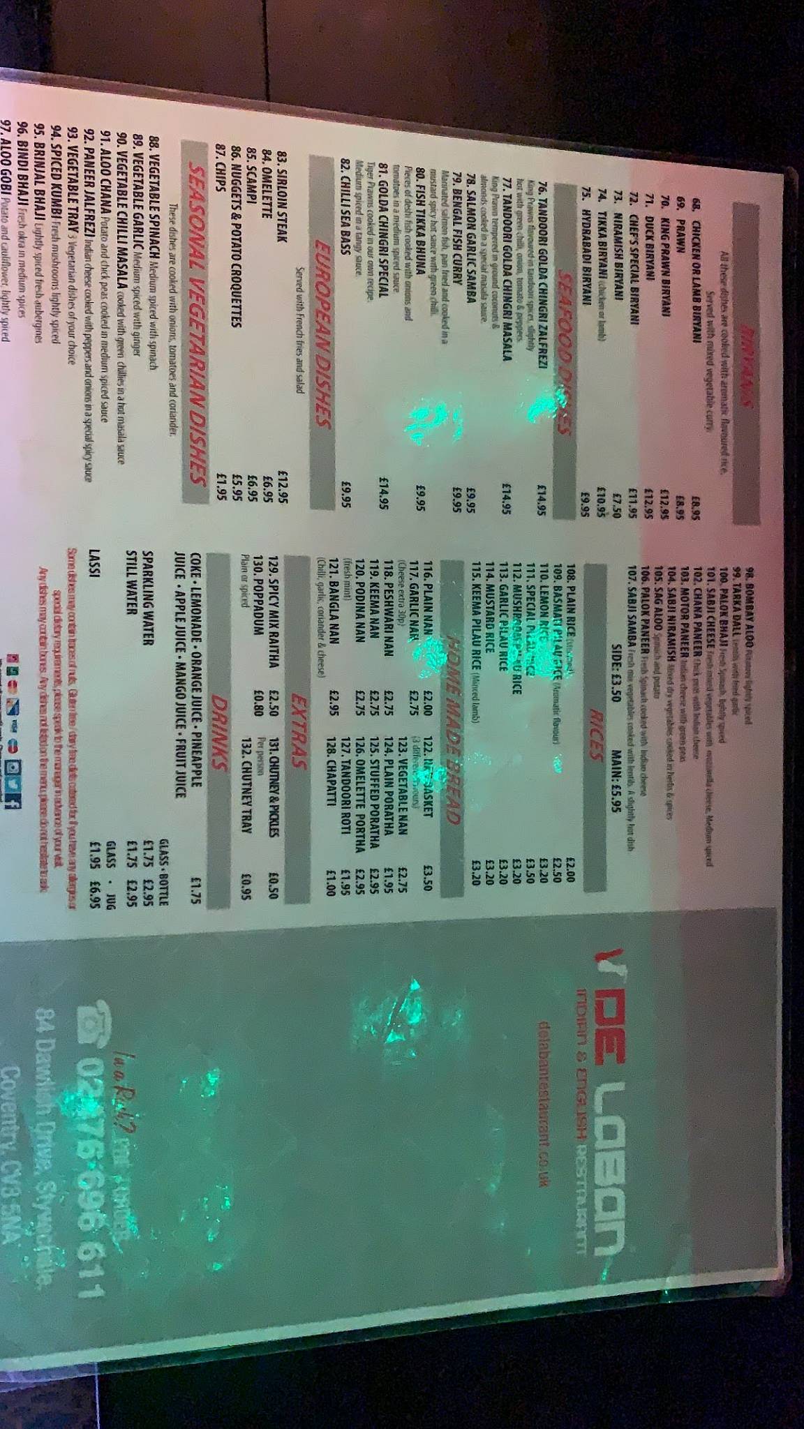 Menu at De Laban restaurant, Coventry
