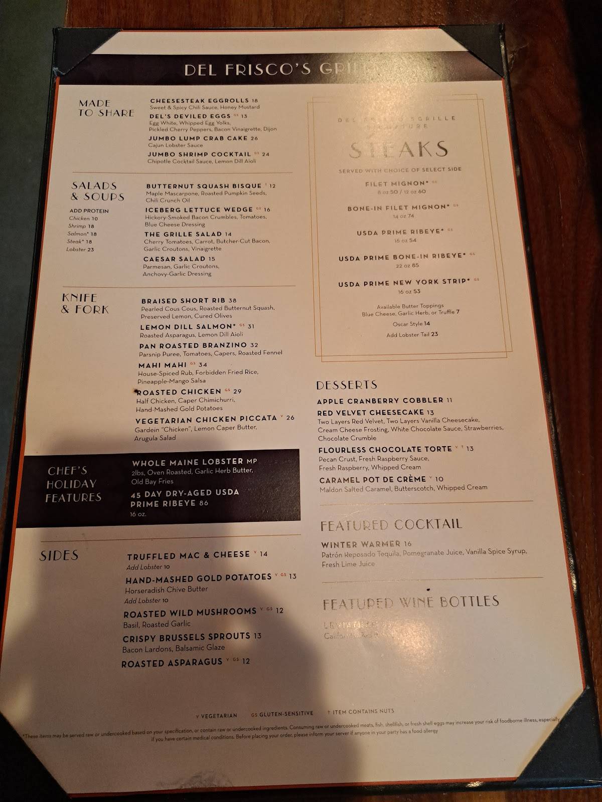 Menu at Del Frisco's Grille pub & bar, Tampa