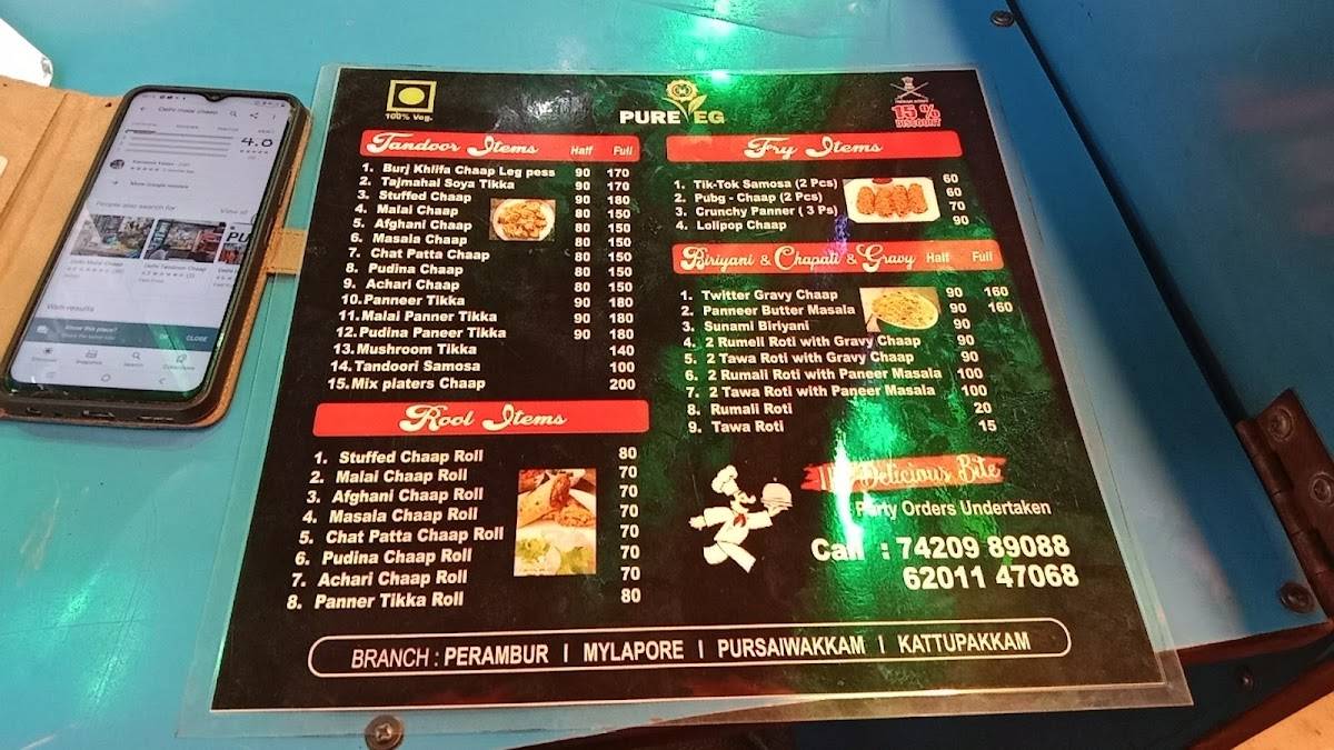 Menu at Delhi malai chaap, Chennai, B57/48 Siva elango salai