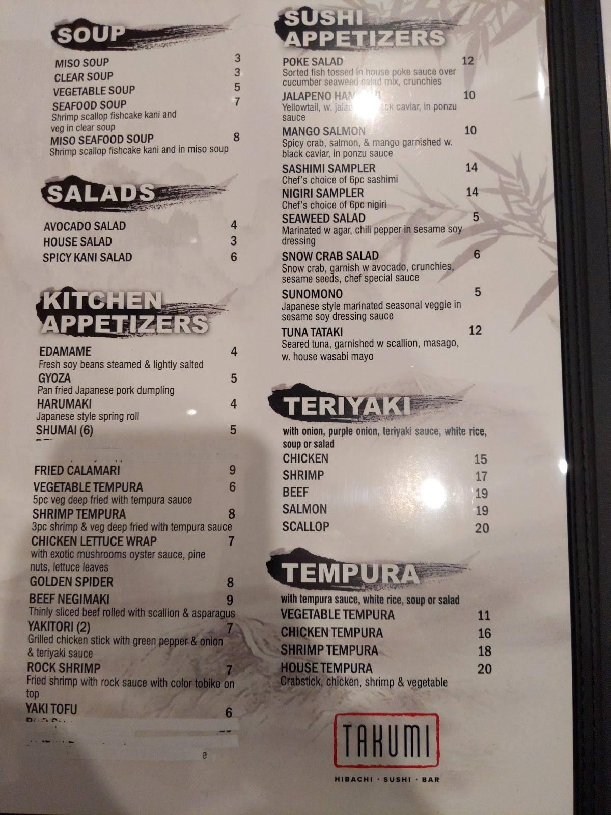 Menu at Takumi Hibachi Sushi and Bar, Denham Springs