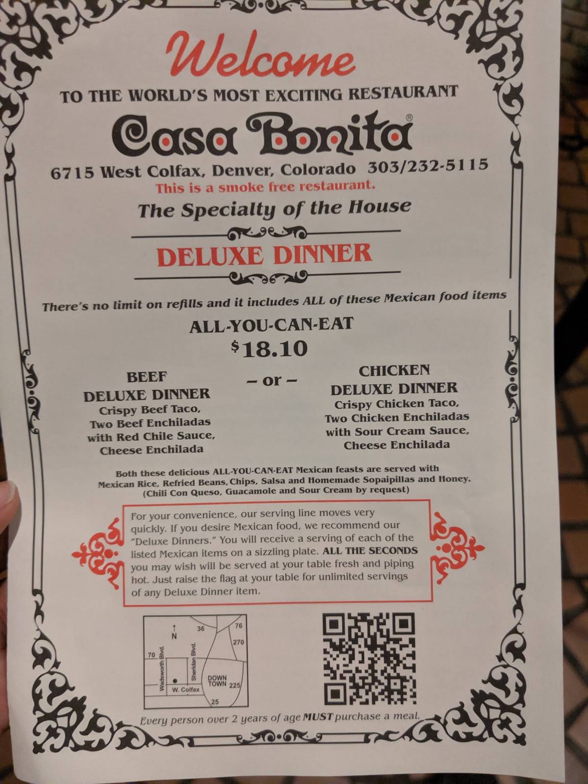 Menu at Casa Bonita restaurant, Lakewood