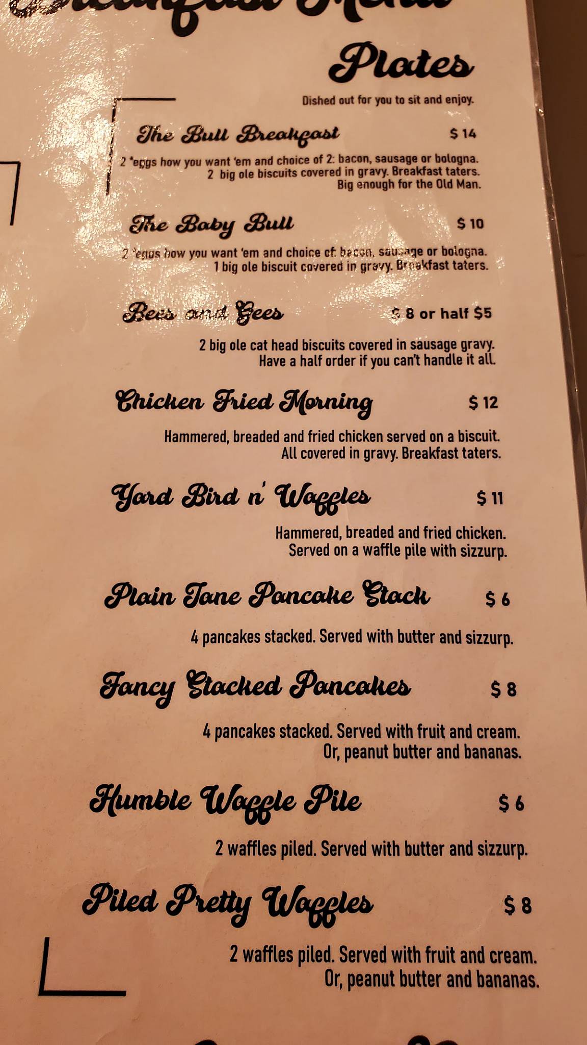 Menu at Bull Babies desserts, Rogersville
