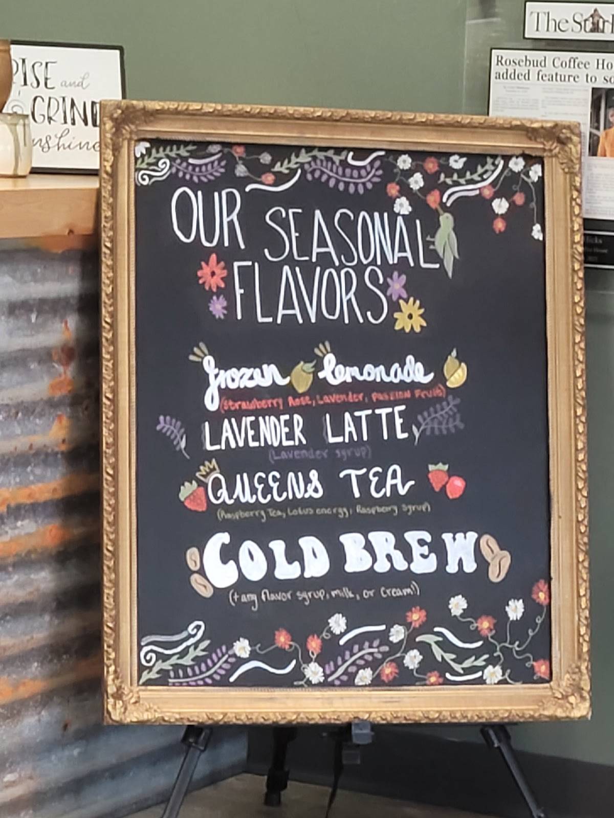 Menu at Rosebud Coffee House, Muncie