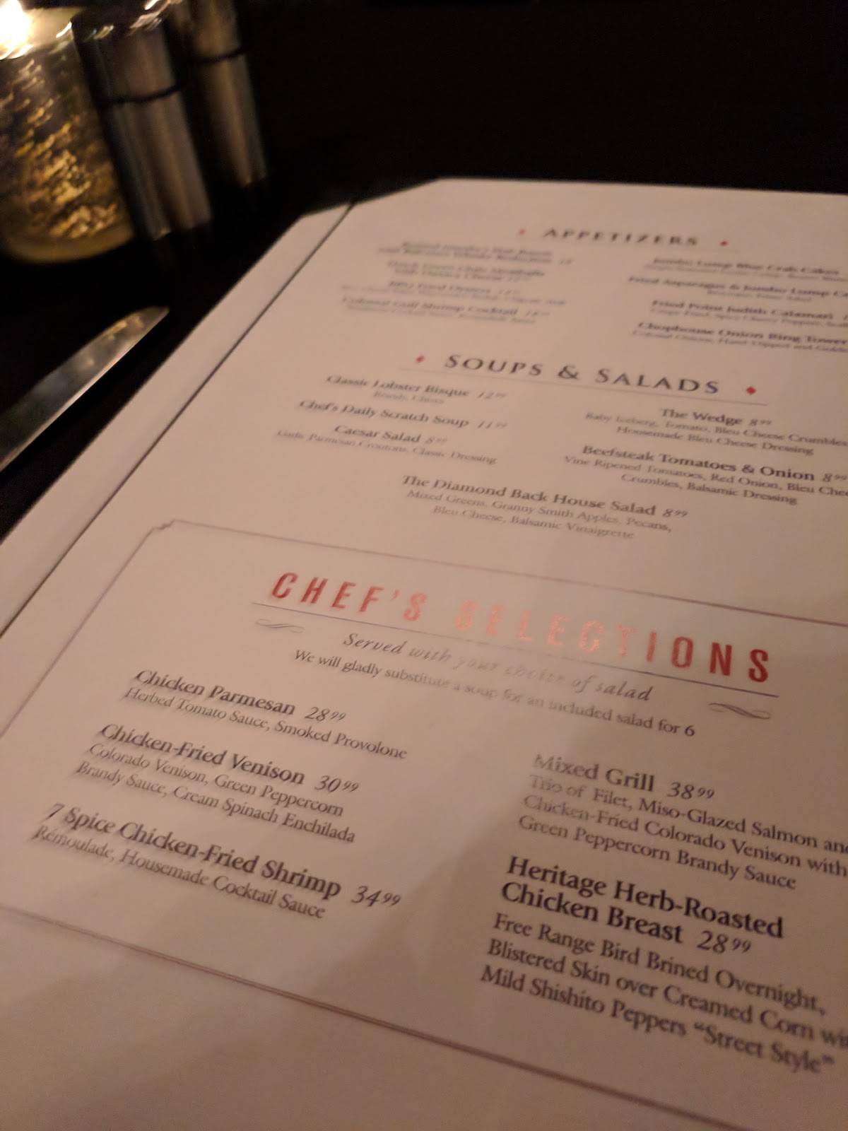 Menu at DiamondBack's restaurant, Waco