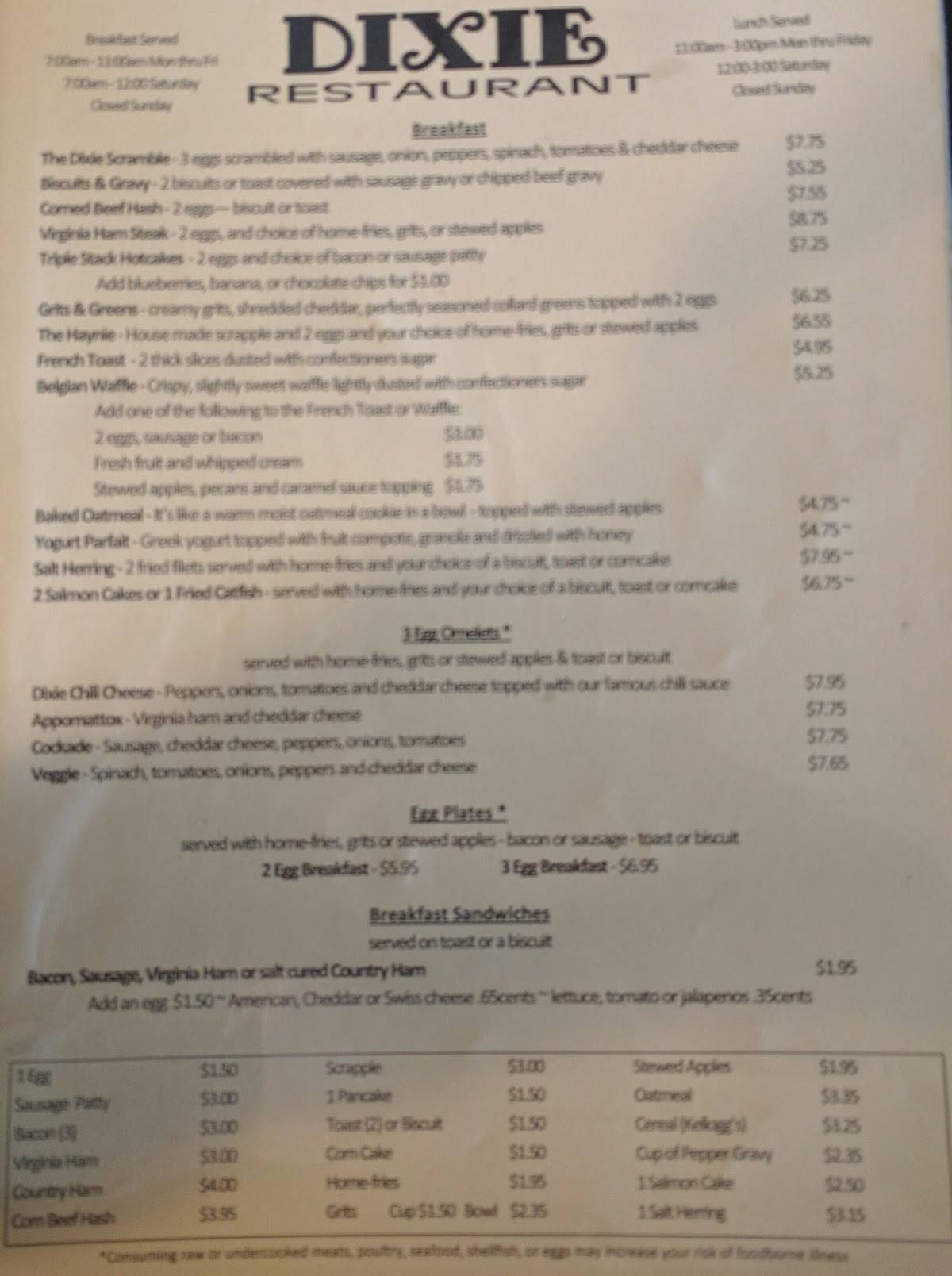 Menu at Dixie Restaurant, Petersburg