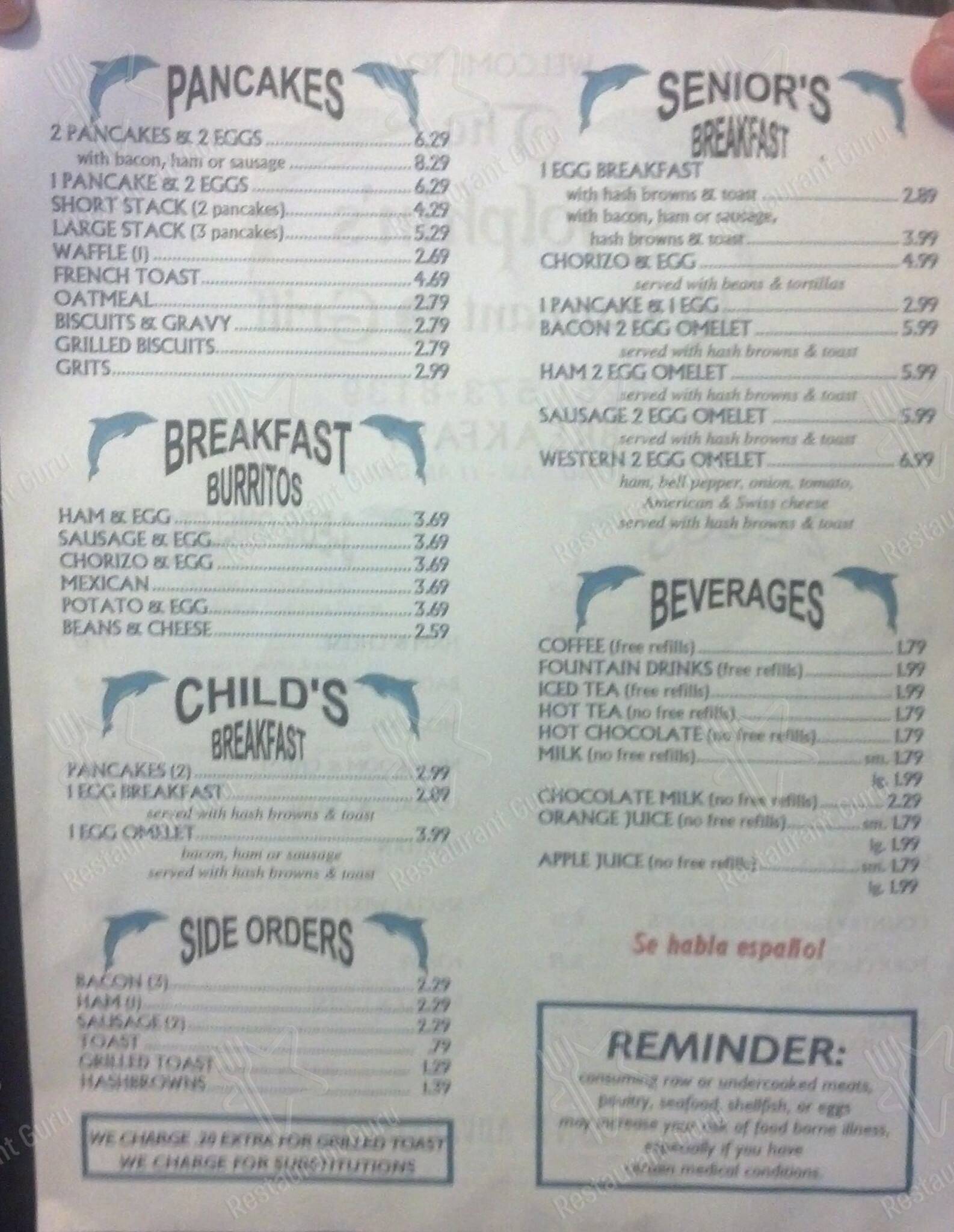 Menu at Dolphin's Restaurant & Grill, Snyder