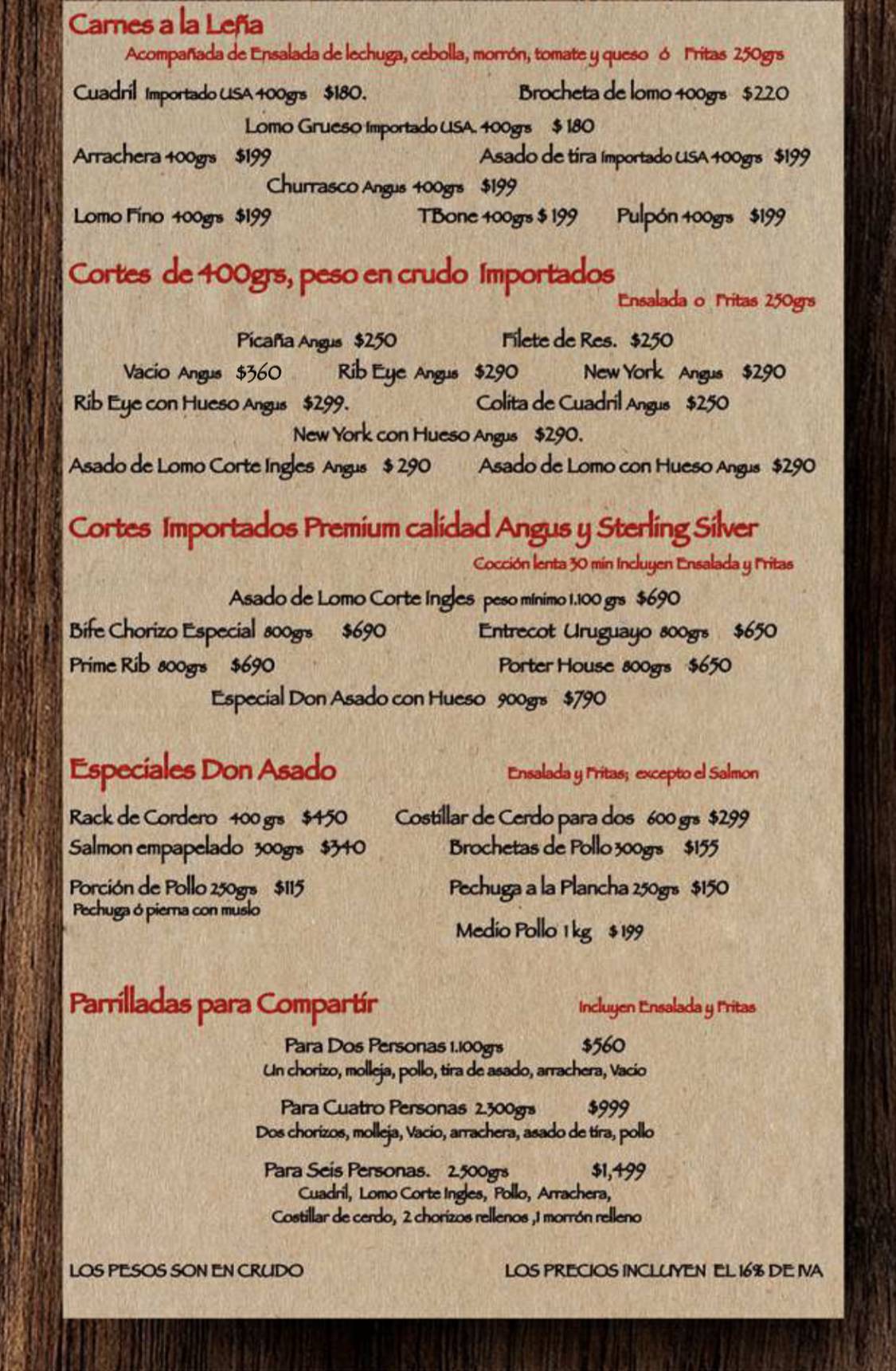 Carta del restaurante Don Asado Polanco, Ciudad del México, Av. Homero 428