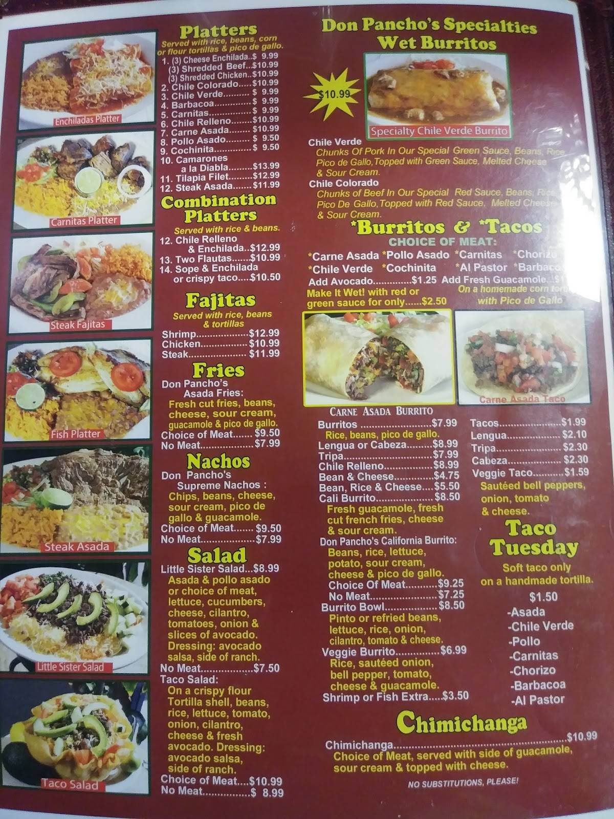 Menu at Don Pancho's Mexican Food restaurant, Wildomar