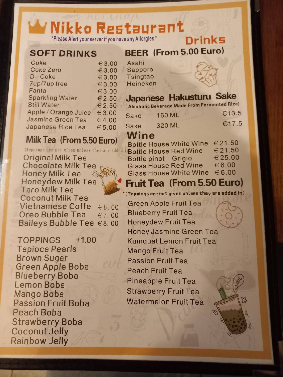 Menu at Nikko restaurant, Drogheda