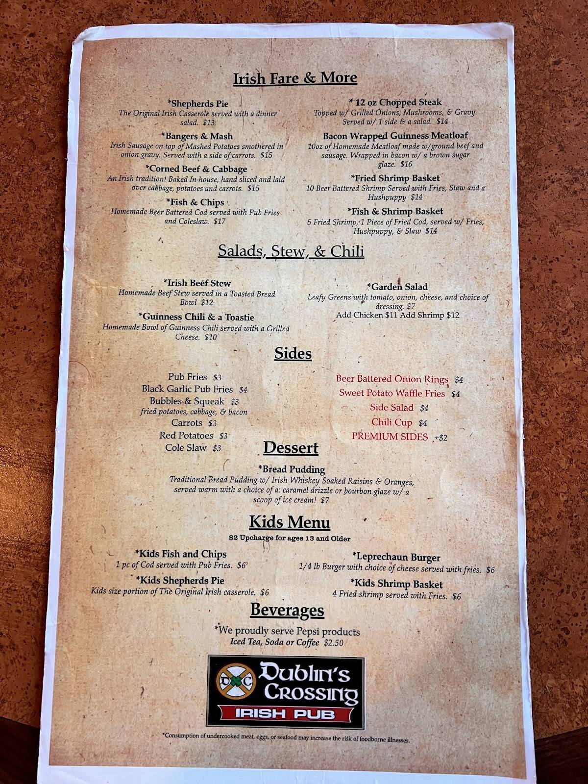 Menu at Dublin's Crossing pub & bar, Crossville