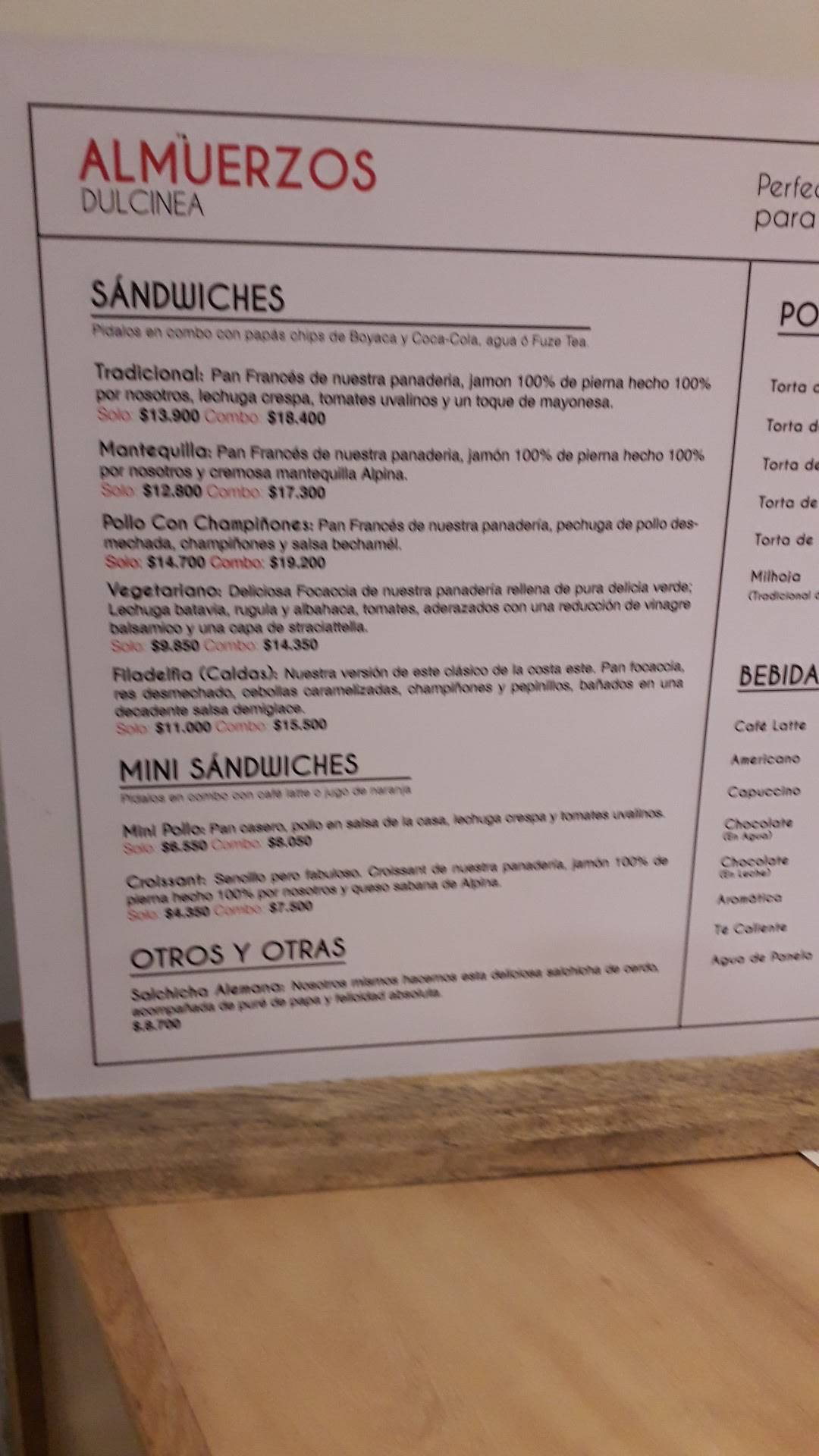 Carta del postres Dulcinea, Chía, Av. Pradilla # 1-12 ESTE