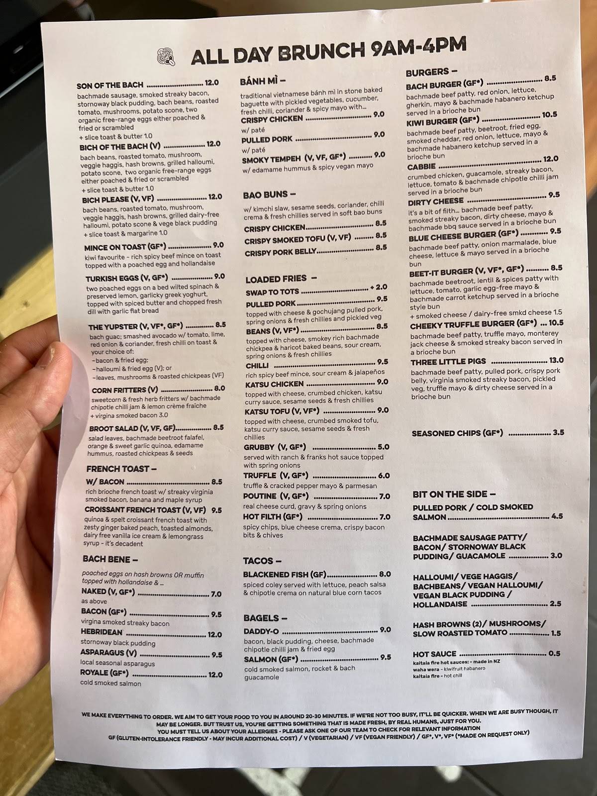 Menu at The Bach cafe, Dundee