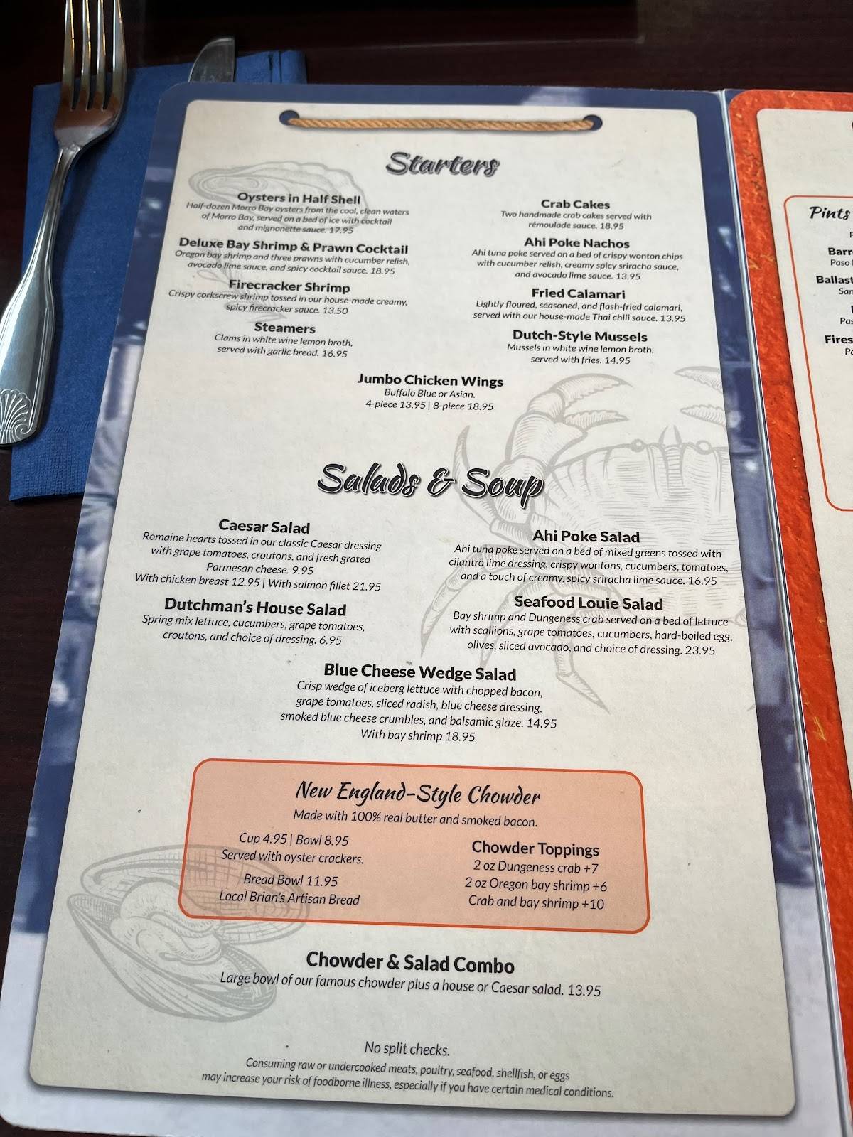 Menu at Dutchman's Seafood House restaurant, Morro Bay