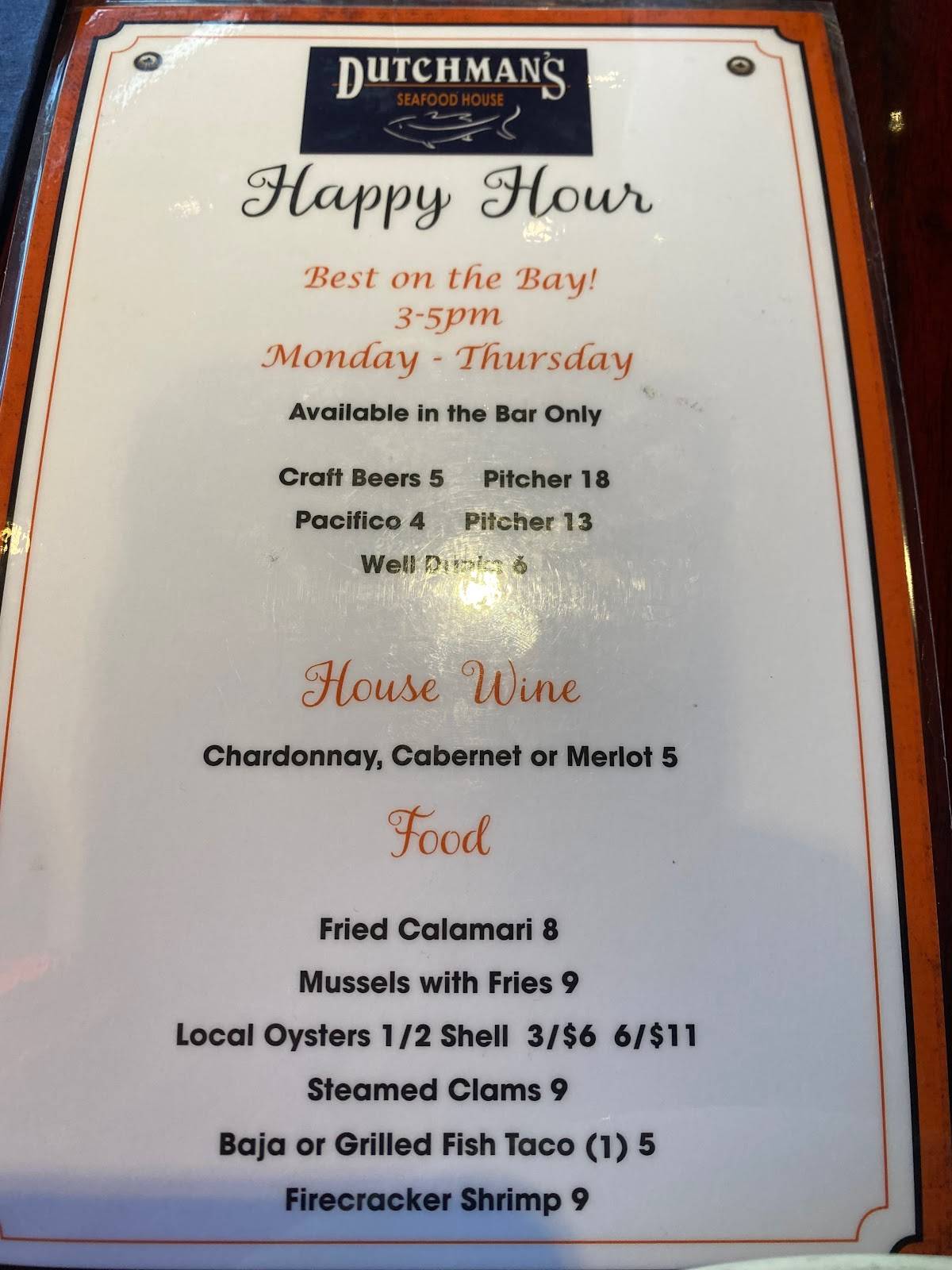 Menu at Dutchman's Seafood House restaurant, Morro Bay