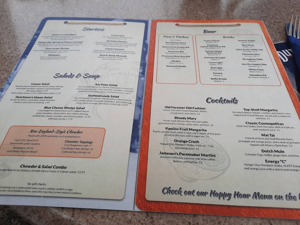 Menu at Dutchman's Seafood House restaurant, Morro Bay
