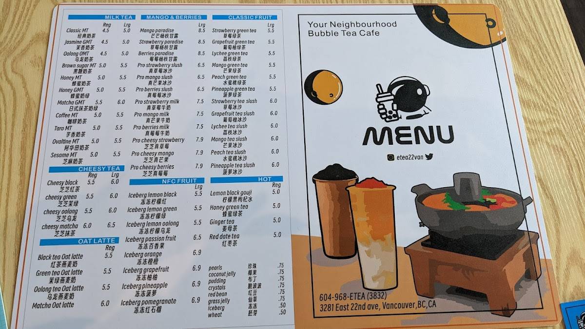Menu at ETEA cafe, Vancouver