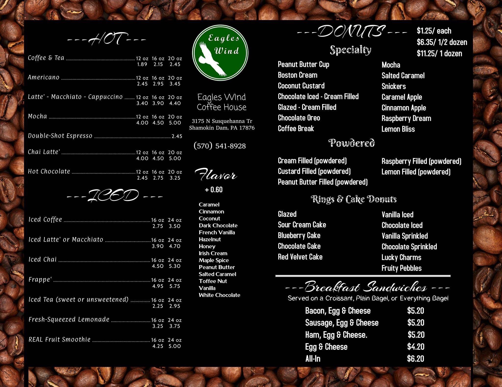 Menu at Eagles Wind Coffee House, Shamokin Dam