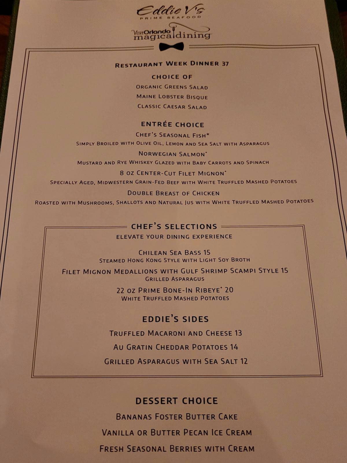 Menu at Eddie V's Prime Seafood steakhouse, Orlando
