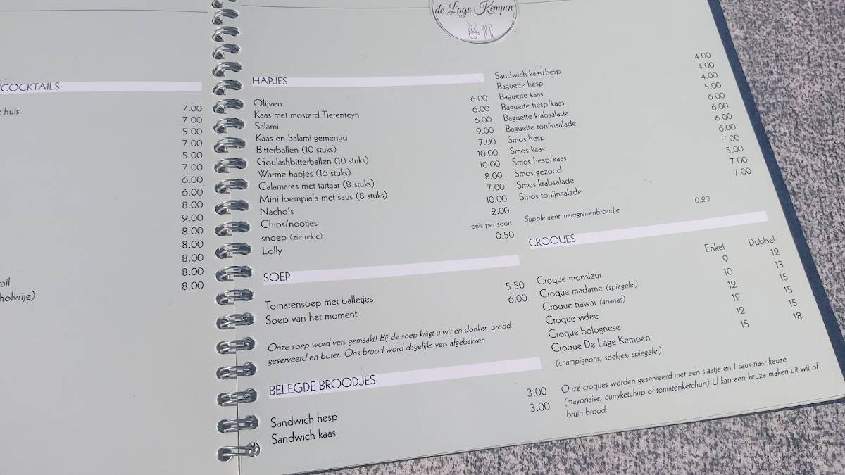 Menu au Eetcafé de Lage Kempen, Hechtel-Eksel
