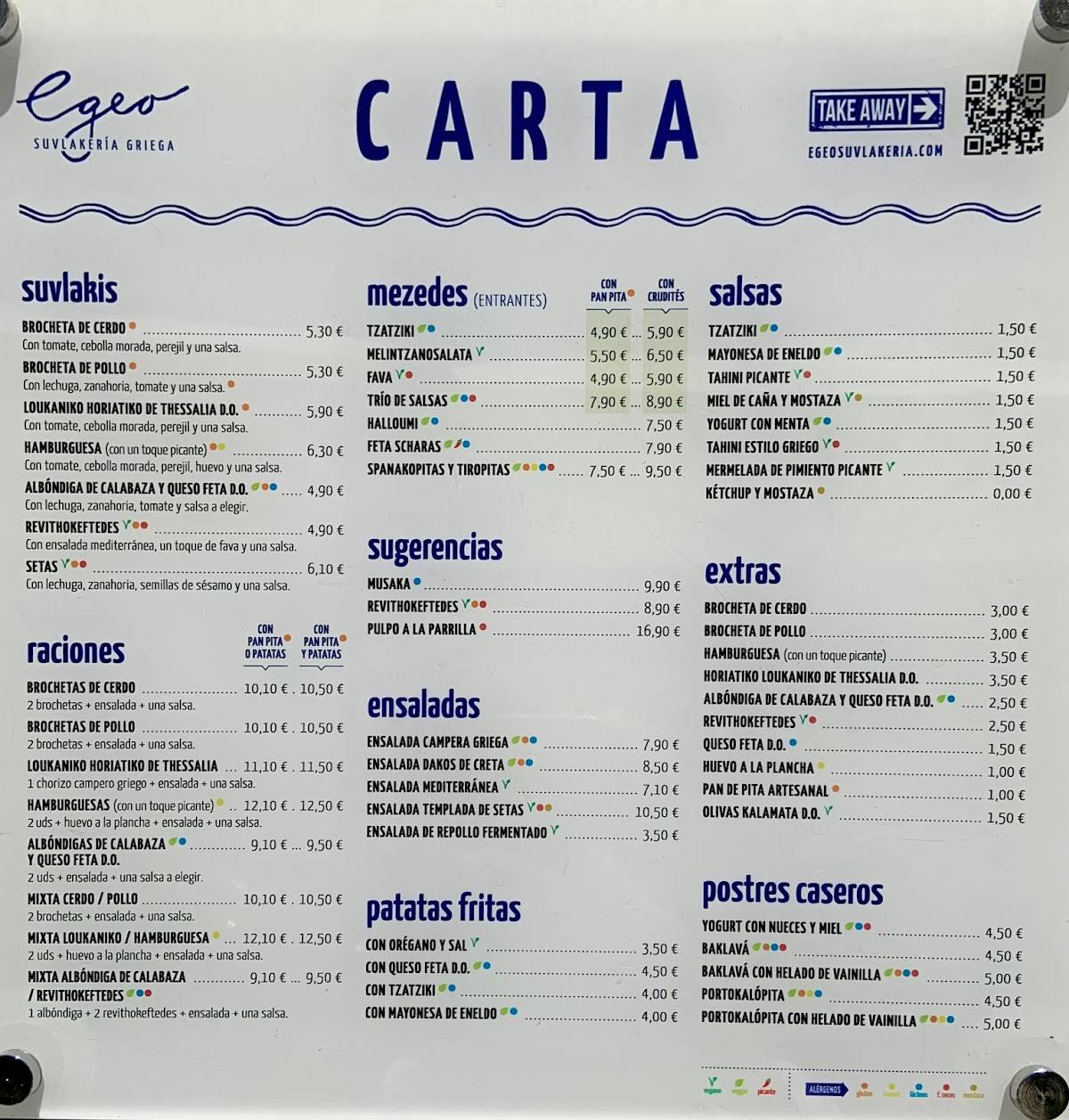 Carta del restaurante Egeo Suvlakeria Griega, Russafa, Valencia