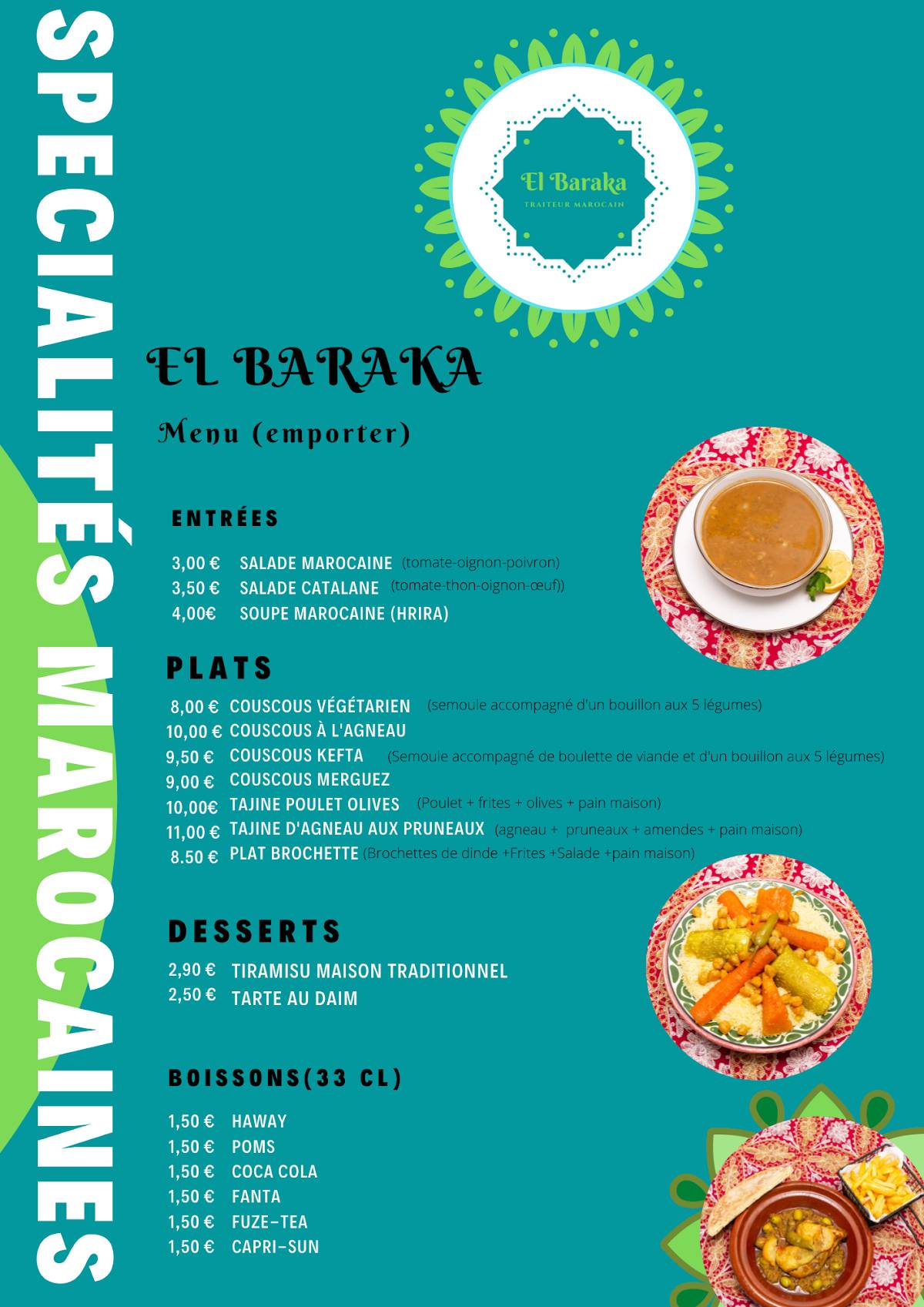 Menu au El Baraka - plats traditionnels marocains à emporter - Toulouse ...