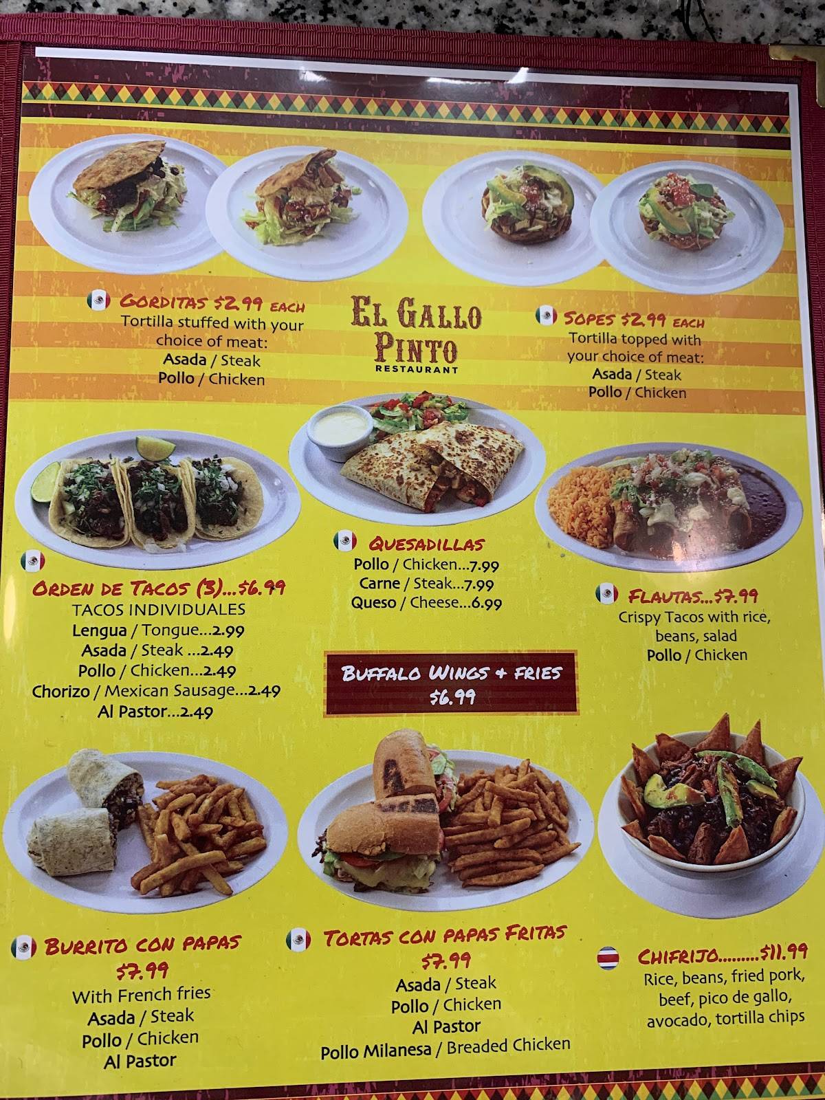 Carta del restaurante El Gallo Pinto Costa Rica, Richmond