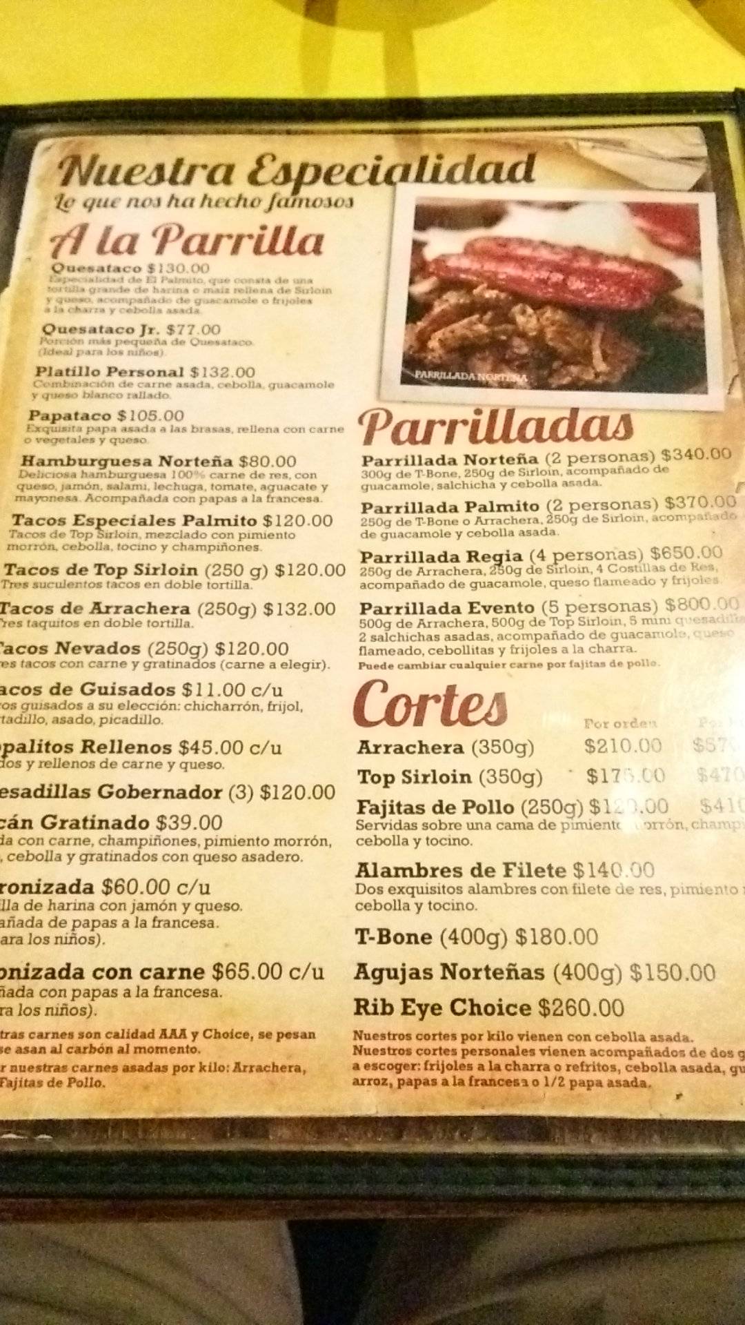 Carta del restaurante El Palmito, Monterrey, Av. Eugenio Garza Sada #3973