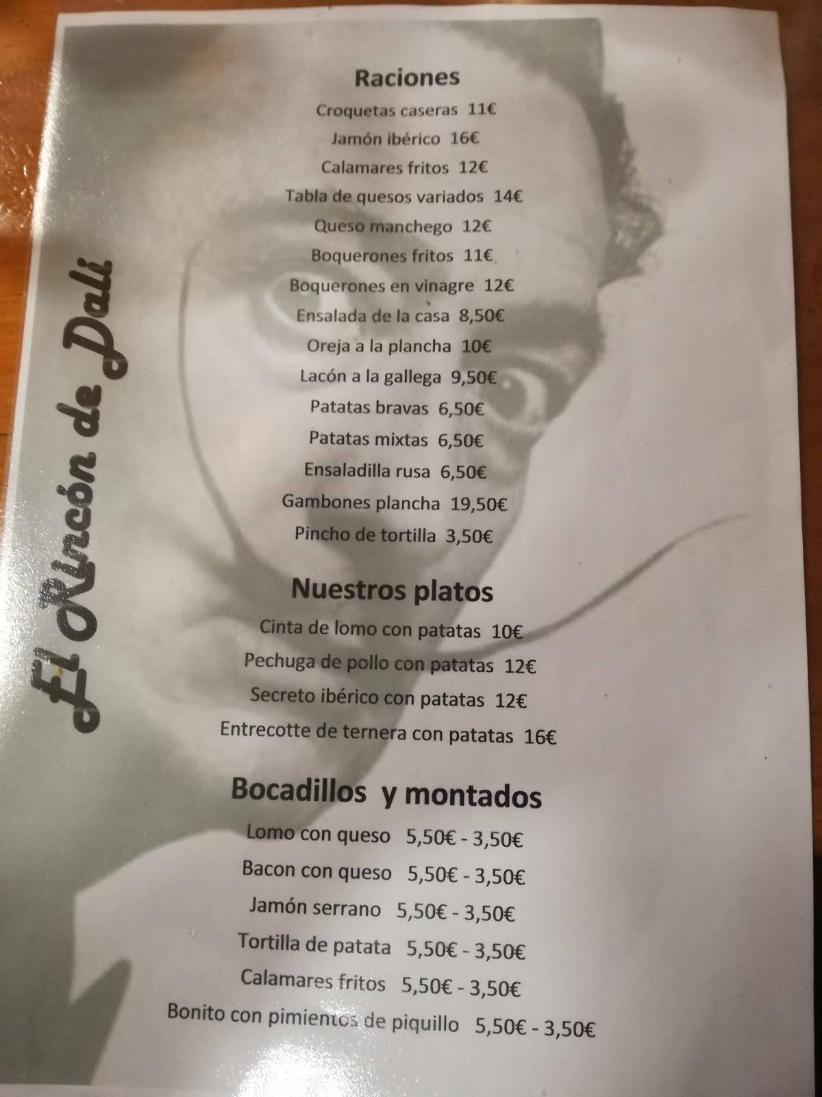 Menu at El Rincón de Dalí pub & bar, Madrid