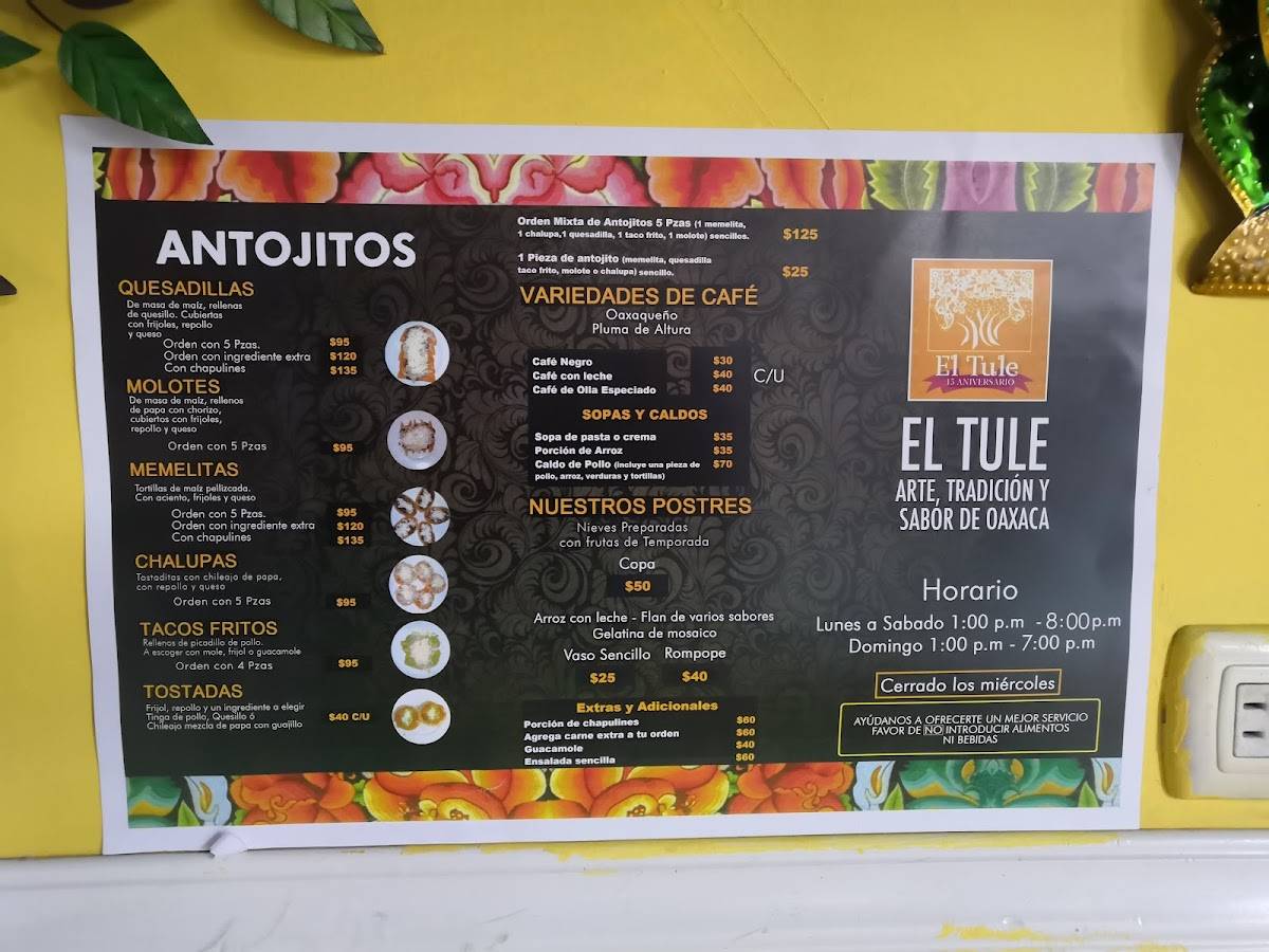 Carta del restaurante El tule, San Nicolás del los Garza