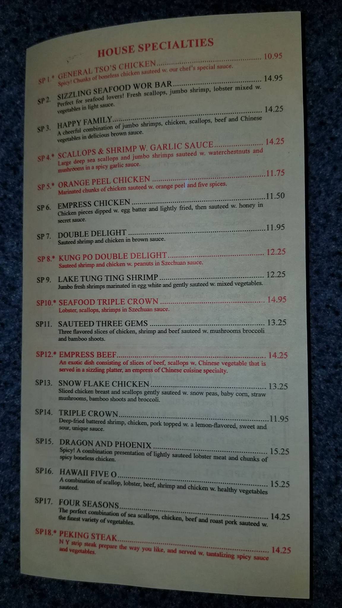 Menu at Peking Place restaurant, Johnstown