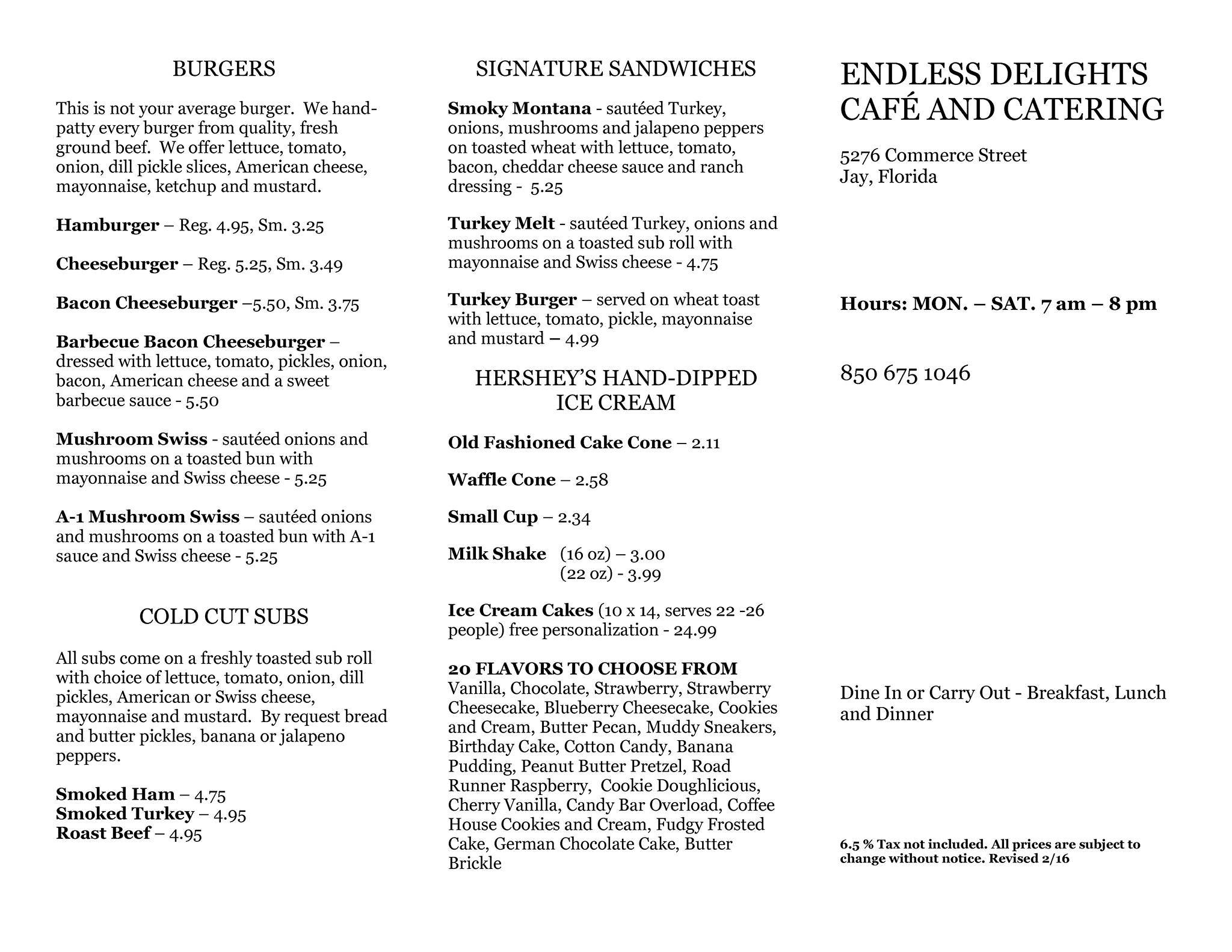 Menu at Endless Delights Cafe & Catering, Jay