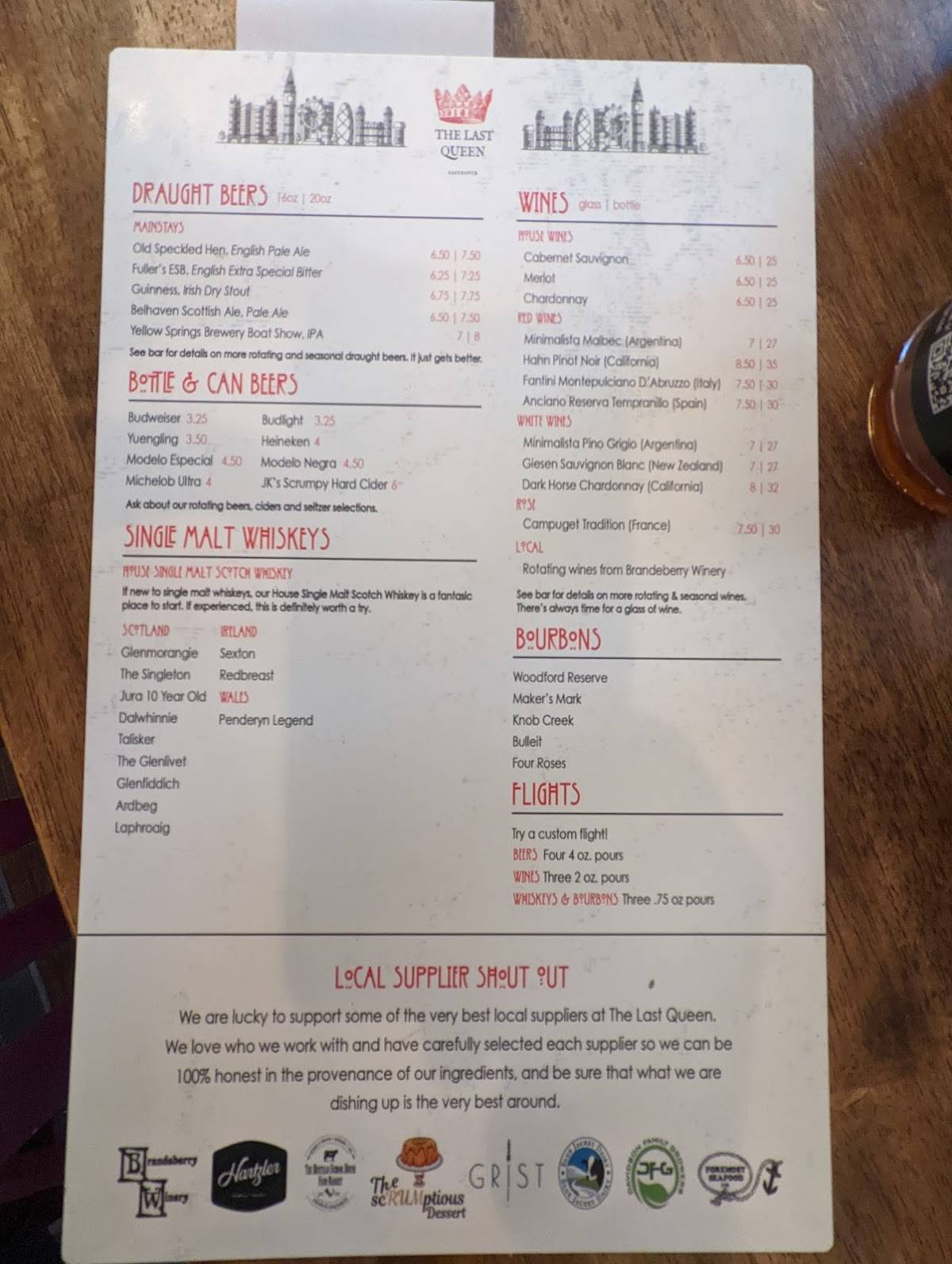 Menu at The Last Queen pub & bar, Enon