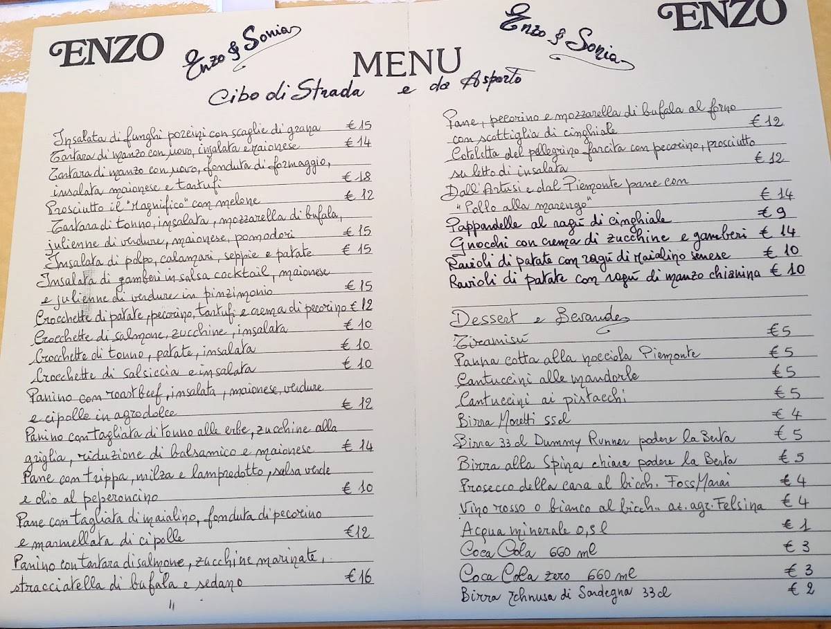 Menu at Enzo e Sonia restaurant, Siena