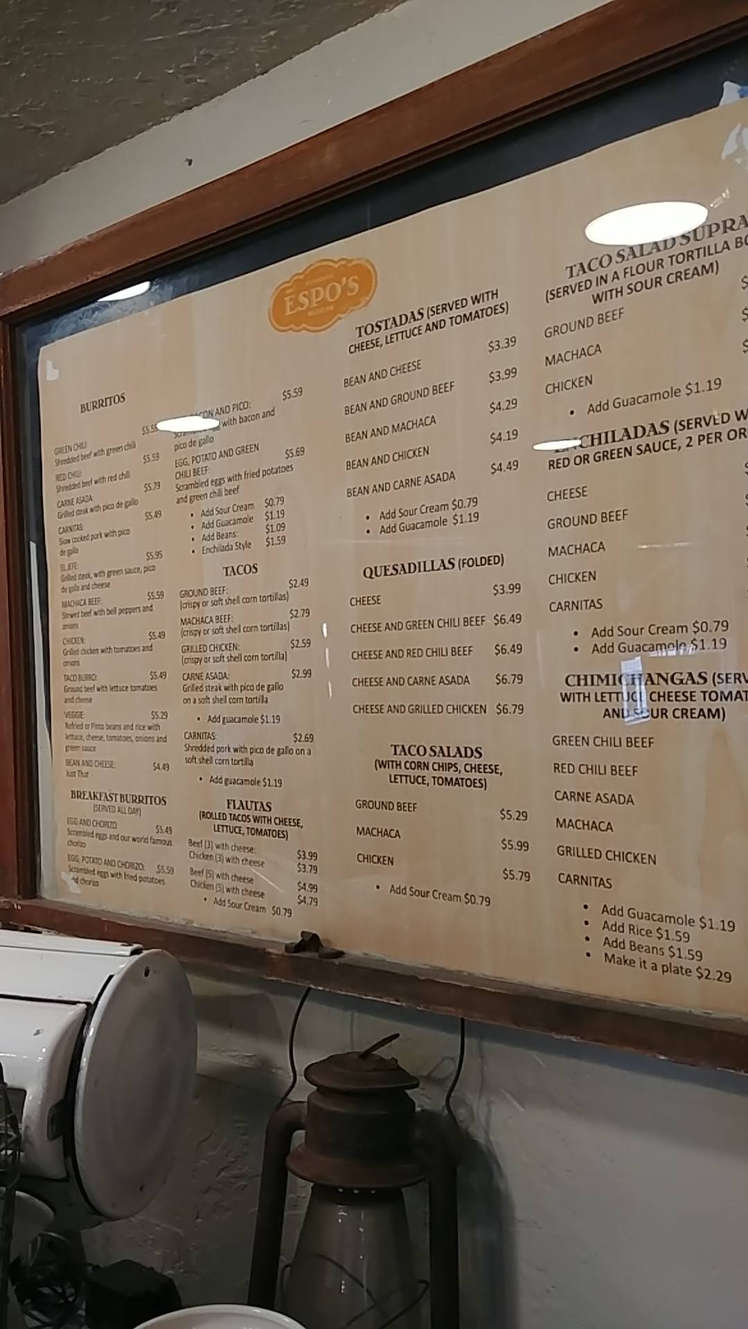 Menu at Espo's Mexican Food restaurant, Chandler