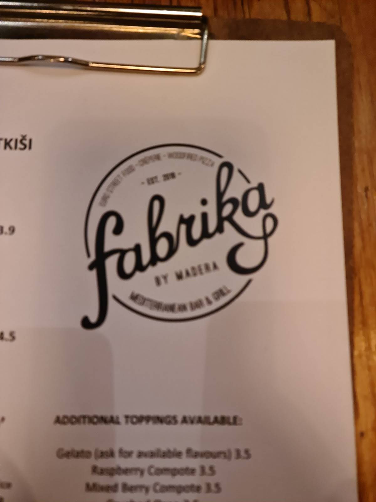 Menu at Fabrika by Madera restaurant, Canley Heights