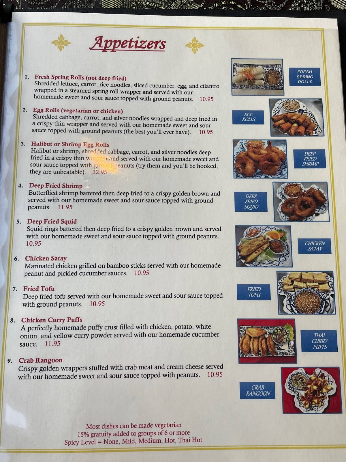 Menu at Bahn Thai restaurant, Fairbanks, 541 3rd Ave