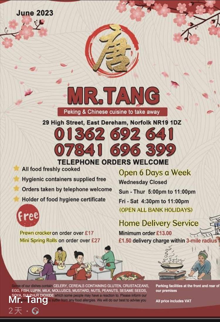 Menu at Mr Tang fast food, Dereham, 29 High St