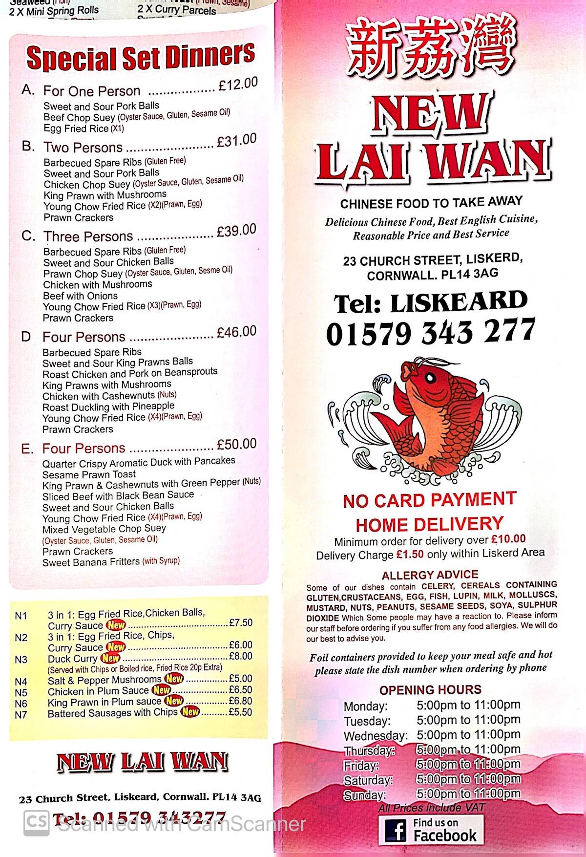 Menu at New Lai Wan fast food, Liskeard