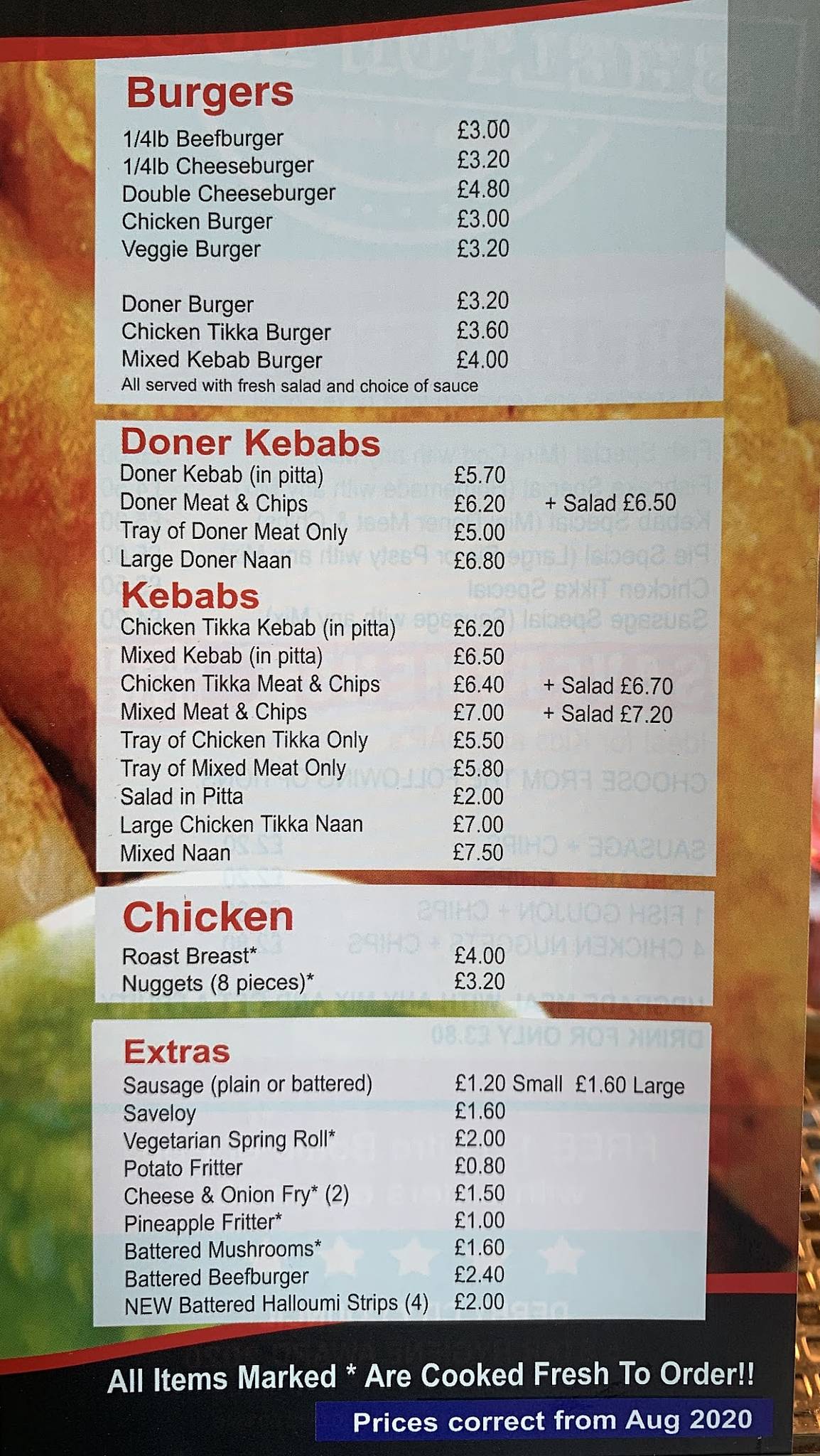 Menu at Shelton Lock Fish Bar, Derby