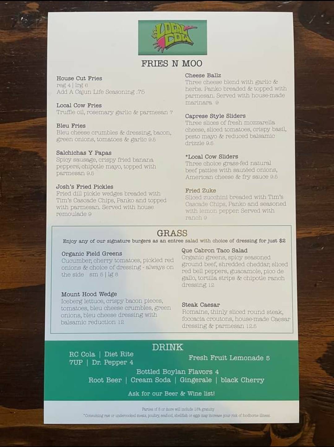 Menu at The Local Cow fast food, Gresham