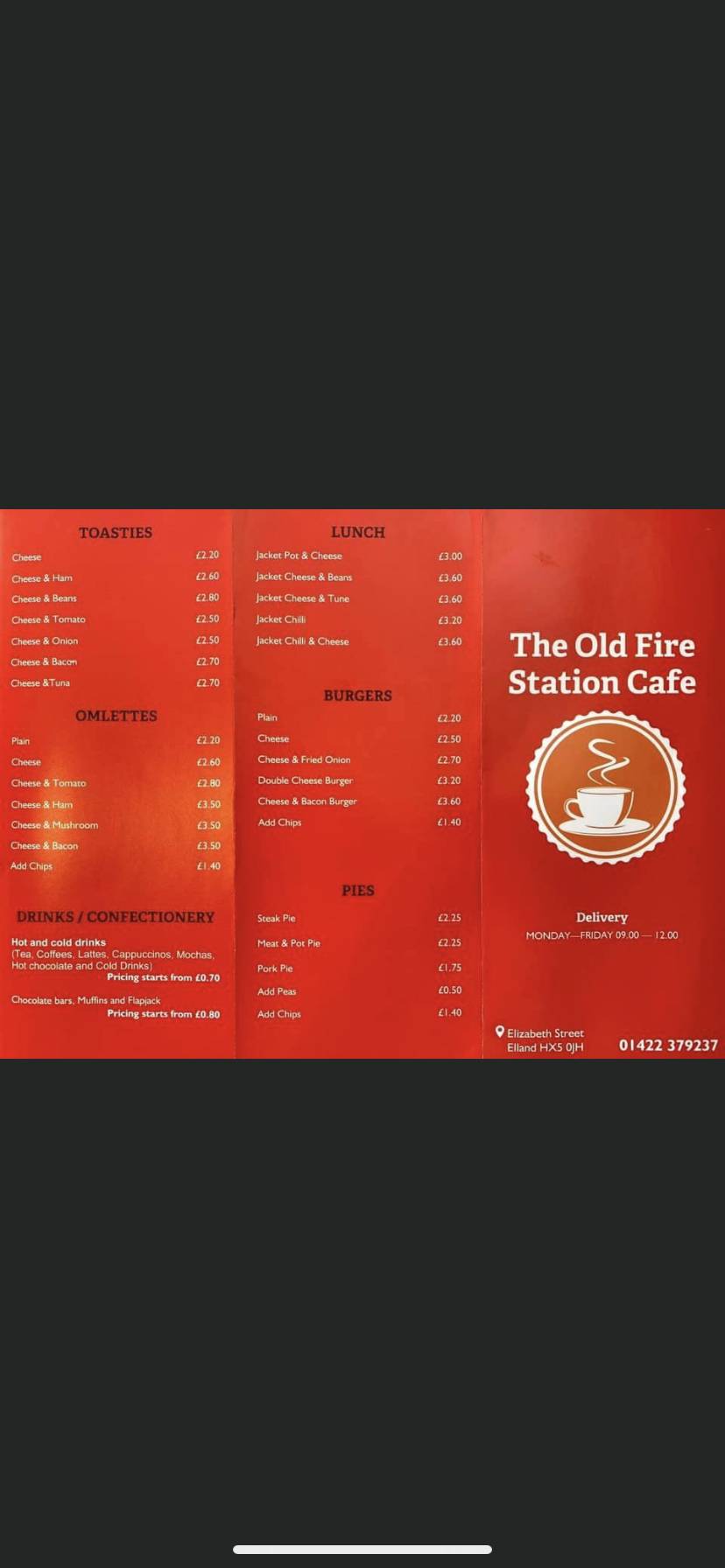 Menu at The Old Fire Station Cafe, Elland
