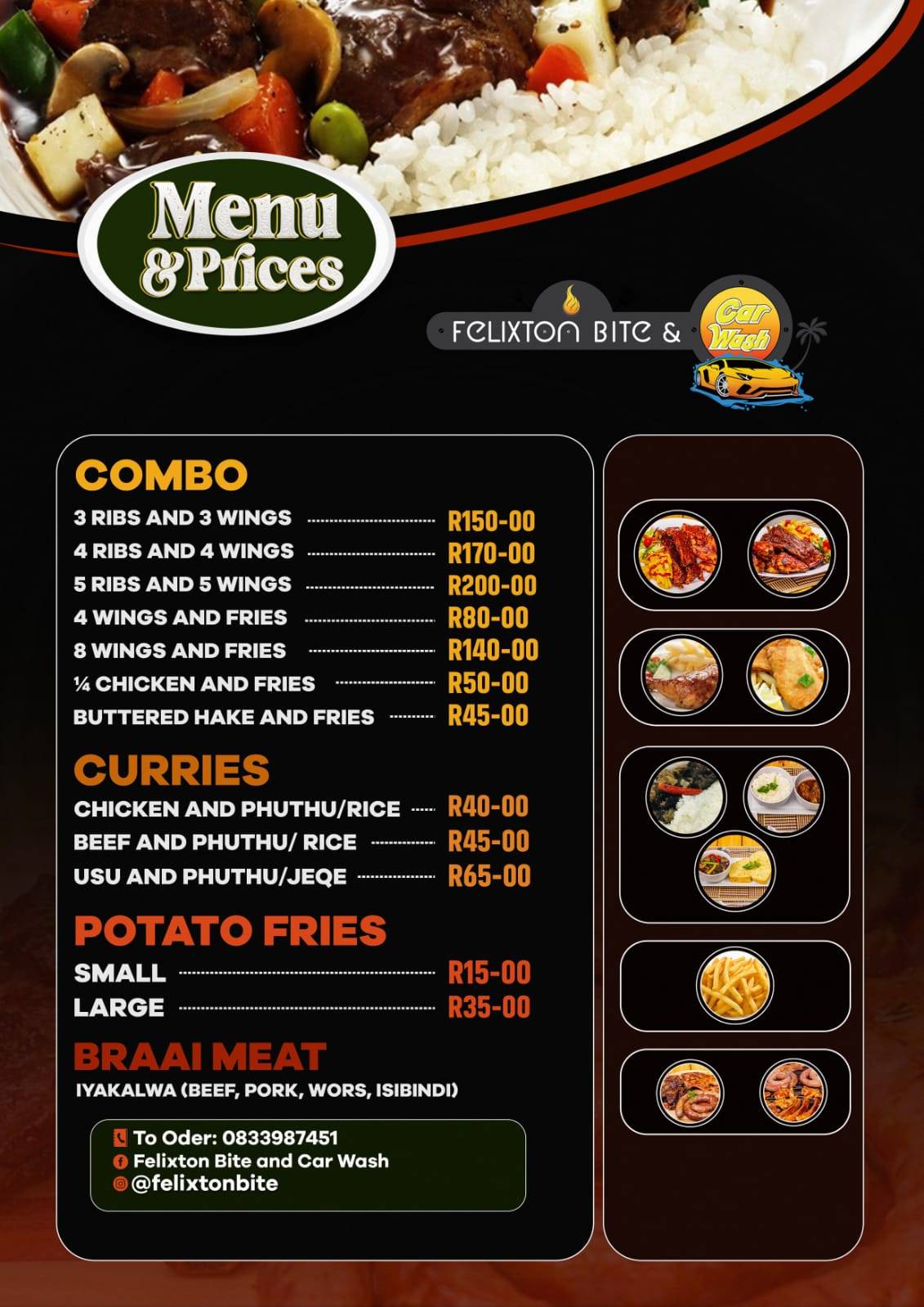 Speisekarte von Felixton Bite and Car Wash restaurant, Empangeni