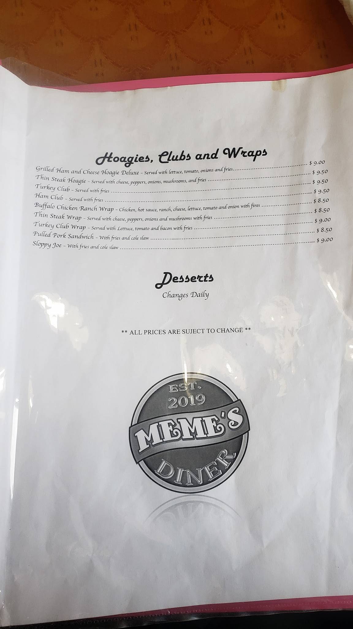 Menu at Meme's Diner restaurant, Felts Mills