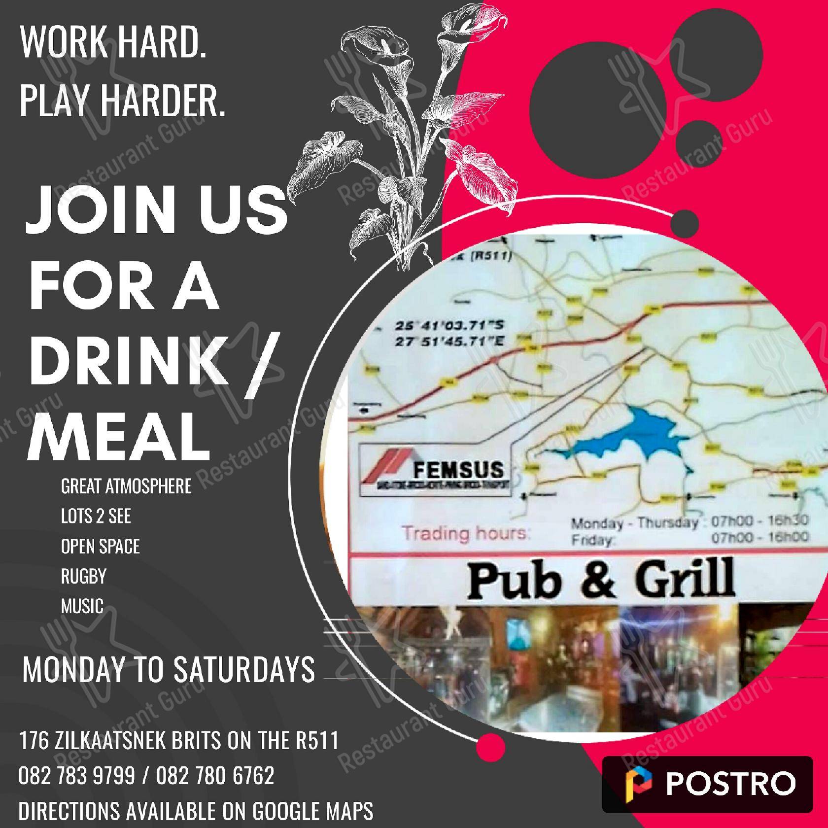 Menu at Femsus Pub & Grill, Brits, Plot 176 Zilkaatsnek