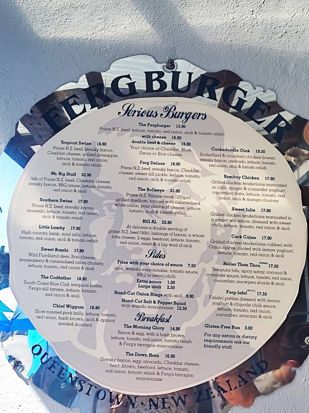 Menu at Fergburger restaurant, Queenstown