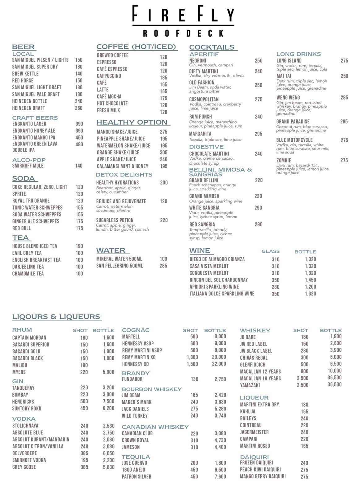 Menu at Firefly Roofdeck Restaurant, Makati, Makati